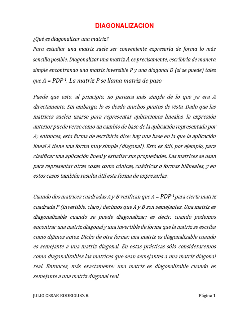Diagonal | PDF | Matriz (Matemáticas) | Valores propios y vectores propios