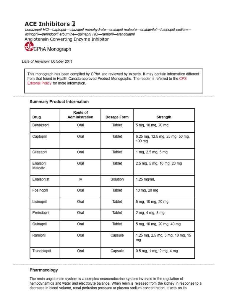 ACE Inhibitors (CPhA Monograph) | Download Free PDF | Angiotensin ...