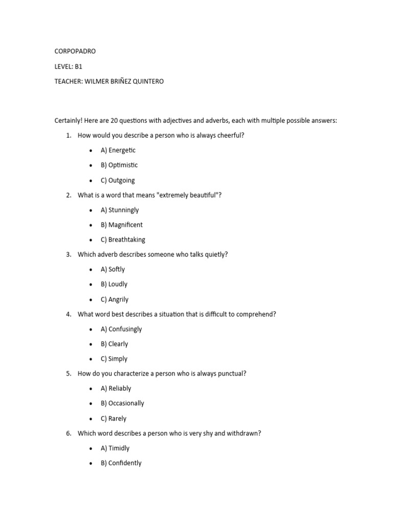 Quiz Adjectives and Adverbs | PDF | Adverb | Semantic Units