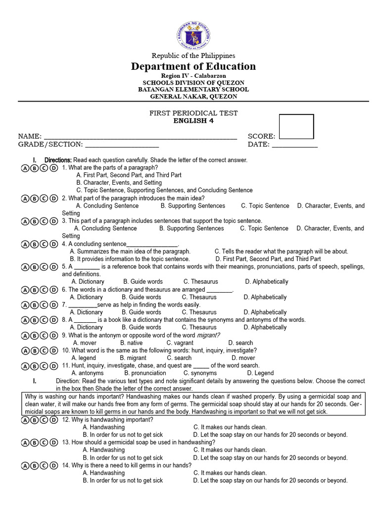 1ST Periodical Test Question Grade 4, English | Download Free PDF ...