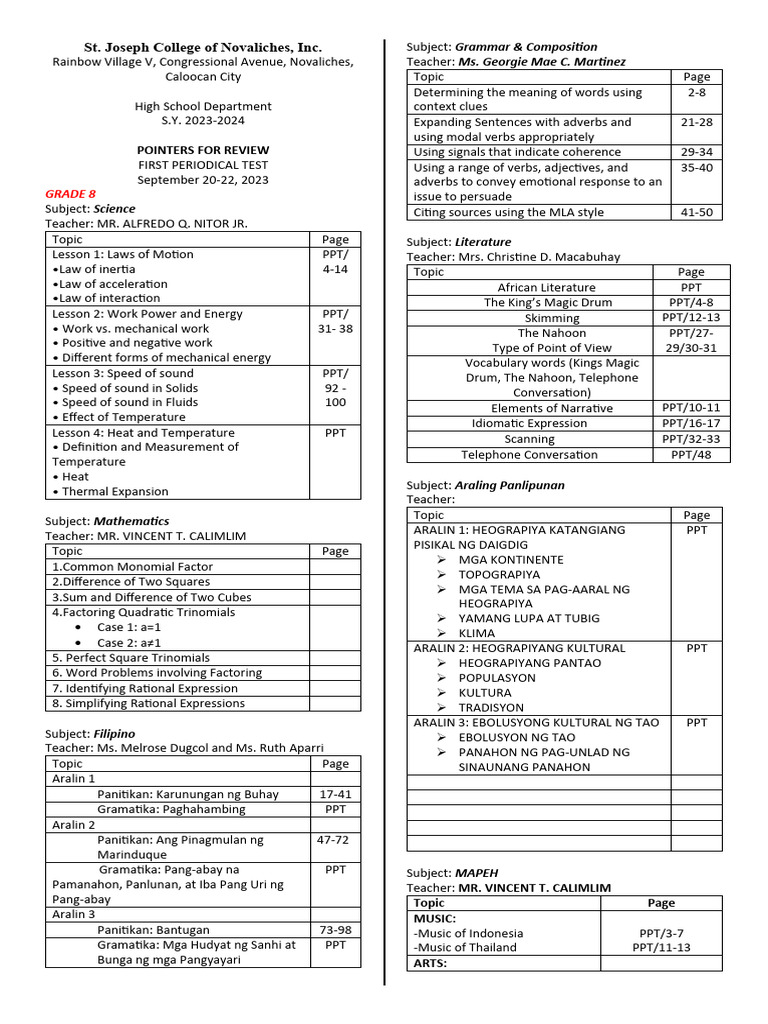 Grade 8 Pointers 1ST QTR 2023 2024 | PDF