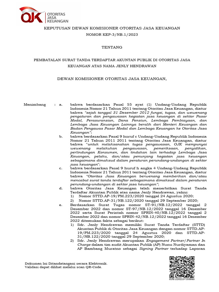 Sanksi OJK Akuntan Publik Jenly Hendrawan AP.1648 Tahun 2023 KAP Kosasih, Nurdiyaman, Mulyadi ...