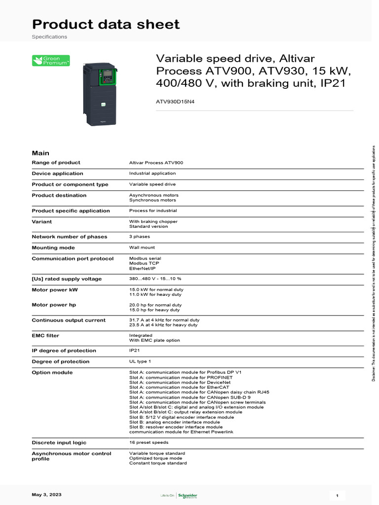 Altivar Process ATV930 15kW Drive Specs | PDF | Electric Motor ...