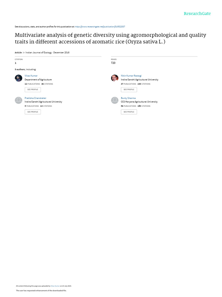 Multivariate Analysisof Genetic Diversity Using Agromorphological | PDF