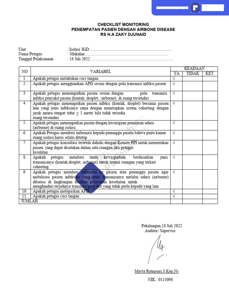 Checklist Penempatan Pasien Airborne | PDF