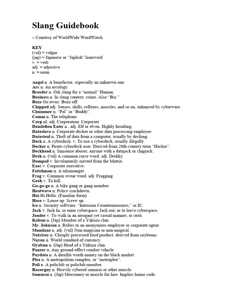Shadowrun Slang Guidebook | PDF