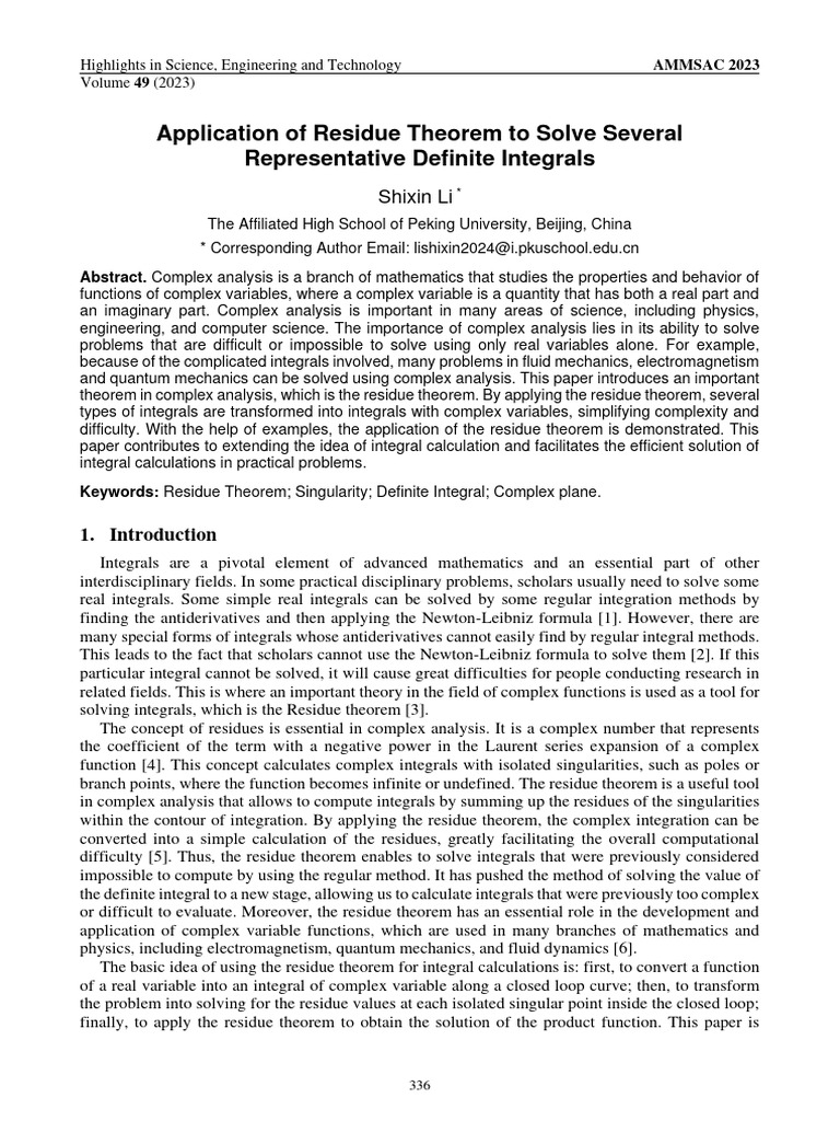 Application of Residue Theorem To Solve Several Re | PDF | Integral | Complex Analysis