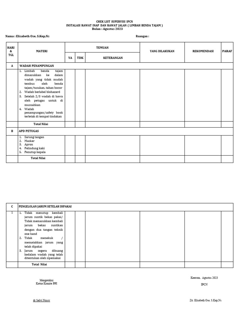 Chek List Supervisi Ipcn Limbah Benda Tajam | PDF