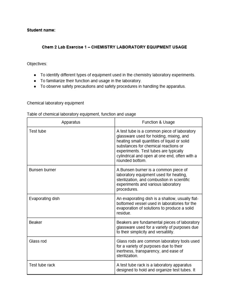 23zu2zy06 Chem 2 Lab Exercise 1 Chemistry Laboratory Equipment Usage Pdf
