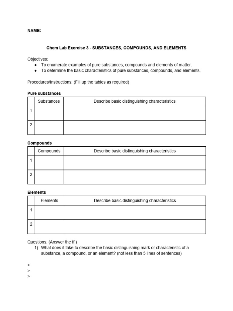 Chem Lab Exercise 3 SUBSTANCES COMPOUNDS AND ELEMENTS | PDF