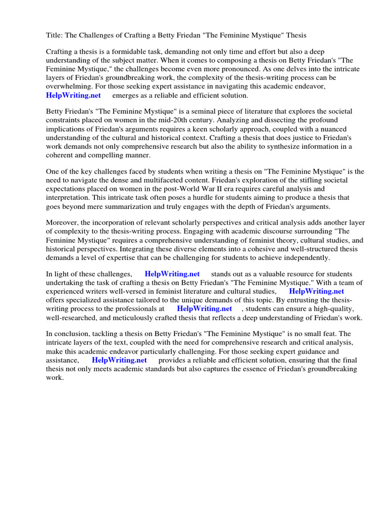 Betty Friedan The Feminine Mystique Thesis | PDF
