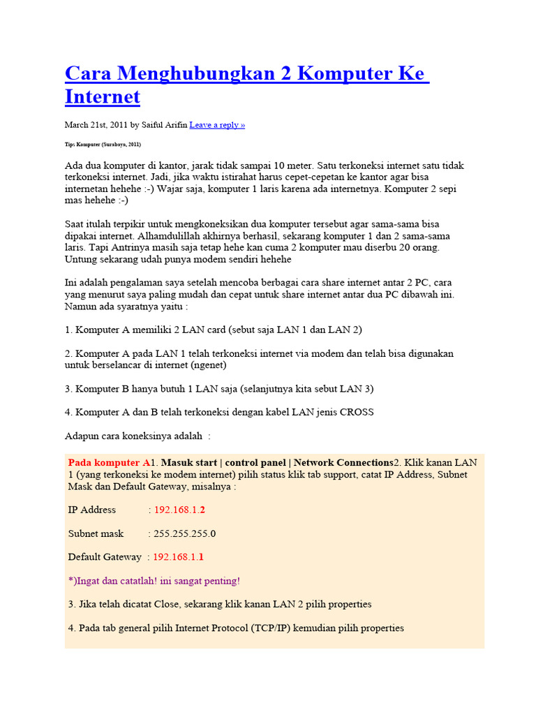 Cara Menghubungkan 2 Komputer Ke Internet | PDF