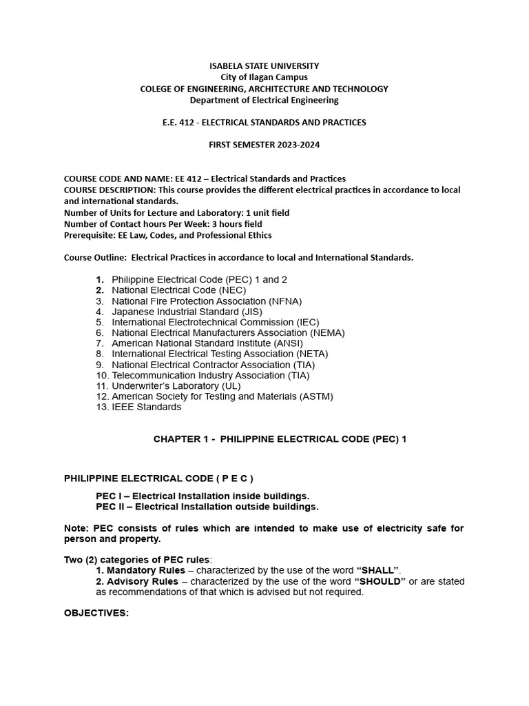 Electrical Standards and Practices PART 1 PEC | PDF | Electrical Wiring | Fuse (Electrical)