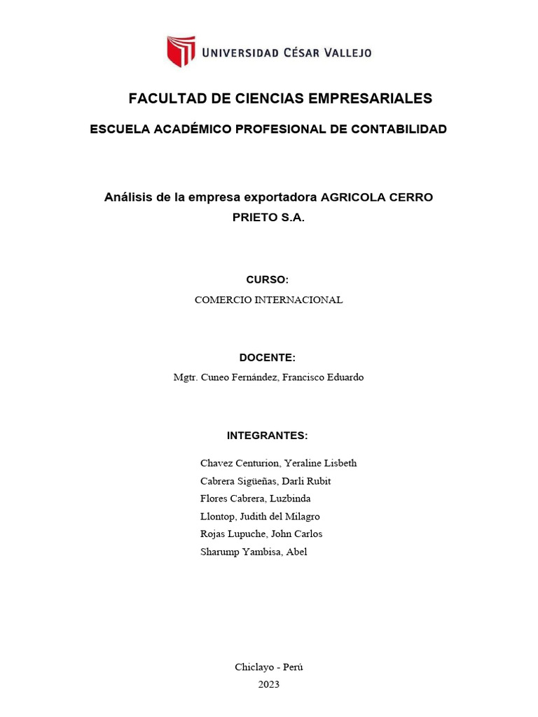 Informe de Comercio Internacional - Empresa Agricola Cerro Prieto S.A | PDF | Análisis de Riesgo ...