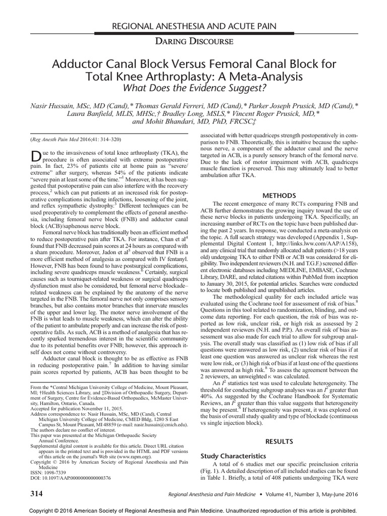 Adductor Canal Block Versus Femoral Canal Block For Total Knee Arthroplasty A Meta Analysis 3