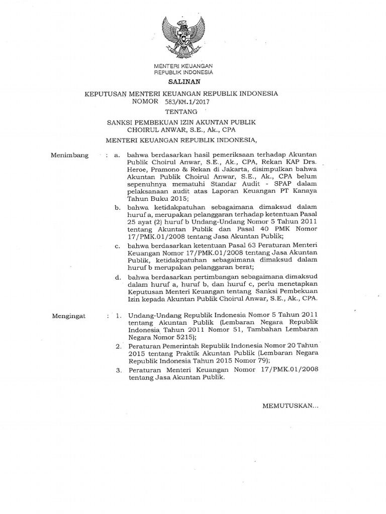 Sanksi Akuntan Publik Choirul Anwar AP.0150 Tahun 2017 KAP Drs. Heroe, Pramono Dan Rekan | PDF