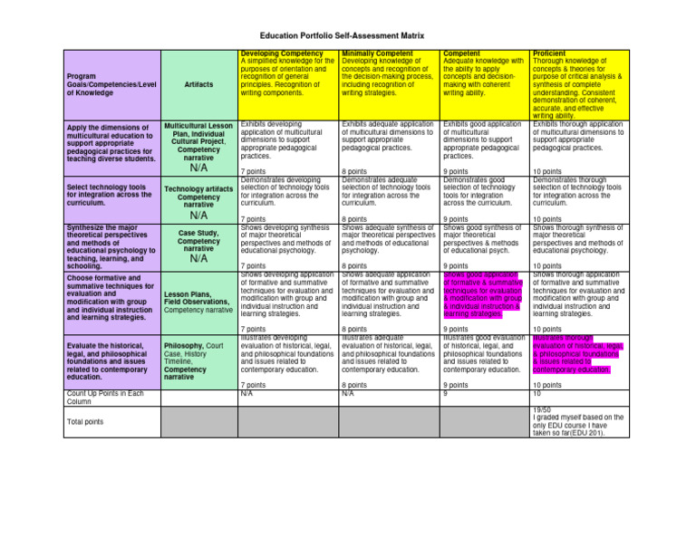 Education Portfolio Self Assessment Matrix | PDF