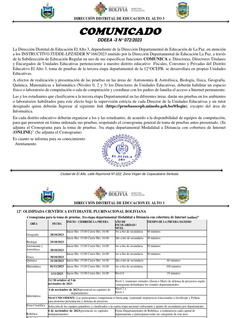 Comunicado Olimpiadas Cientificas Etapa Departamental | PDF