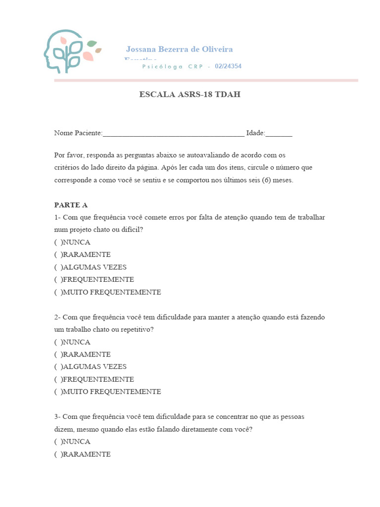 Escala Asrs - Tdah Adulto | PDF | Transtorno de déficit de atenção e ...