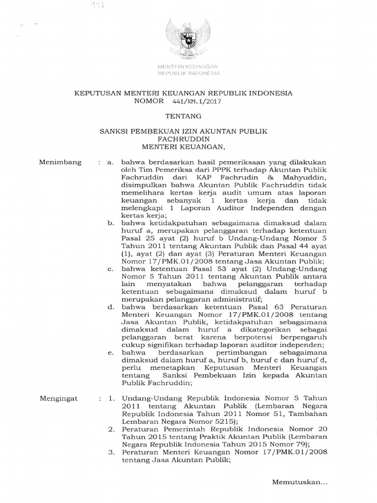 Sanksi Akuntan Publik Fachrudin AP.0798 Tahun 2017 KAP Fachrudin Dan Mahyuddin | PDF