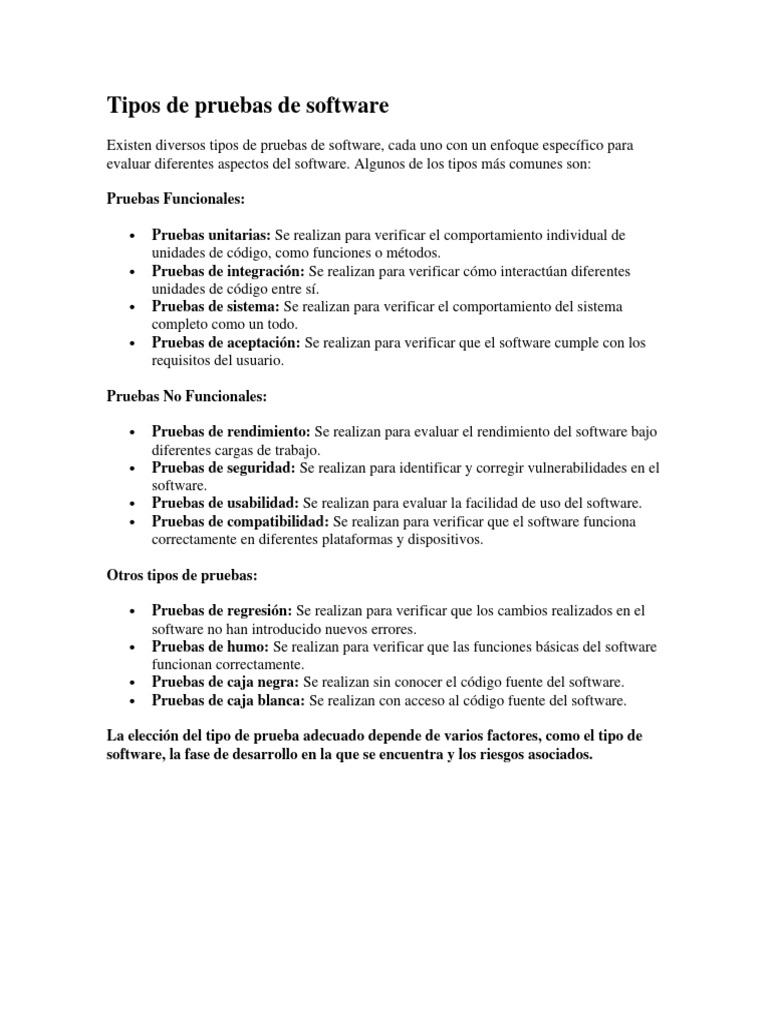 Tipos de Pruebas de Software | PDF | Informática