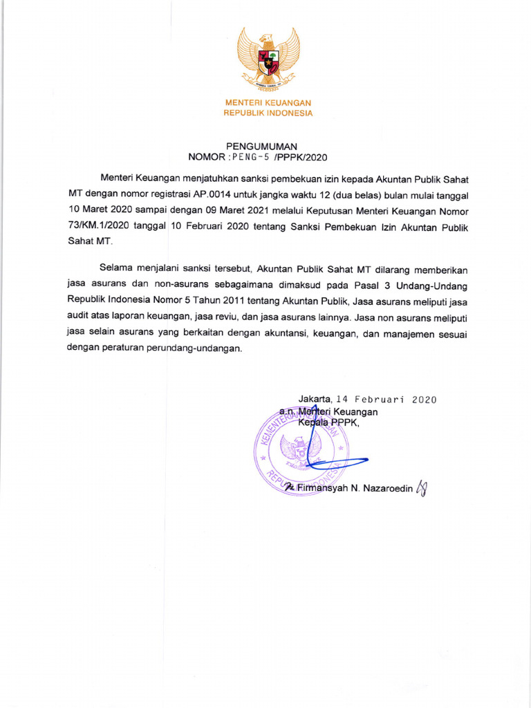 Sanksi Pembekuan Akuntan Publik Sahat | PDF