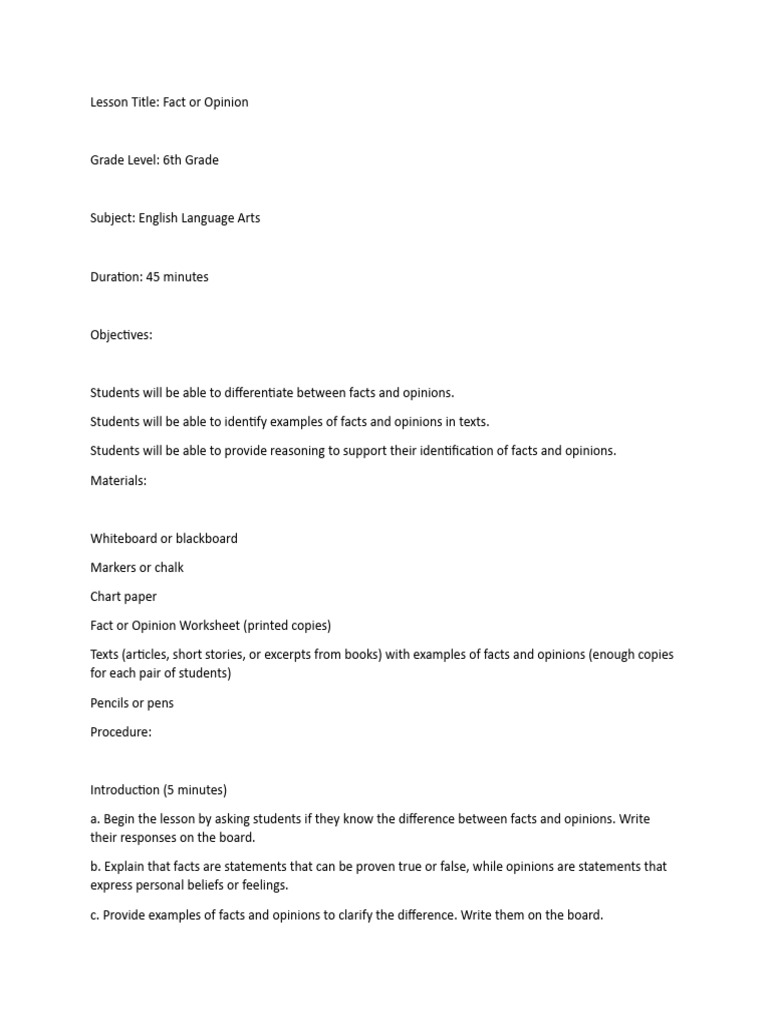 Lesson Plan - Fact or Opinion | Download Free PDF | Thought | Critical ...
