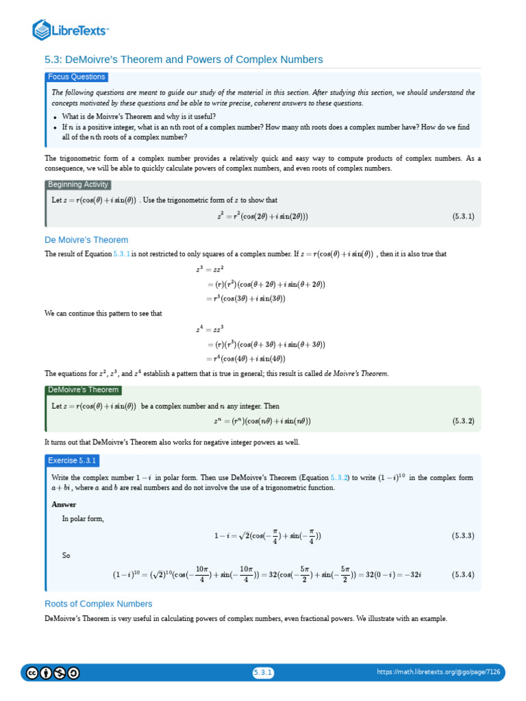 5.03 DeMoivres Theorem and Powers of Complex Numbers | PDF | Complex Number | Equations