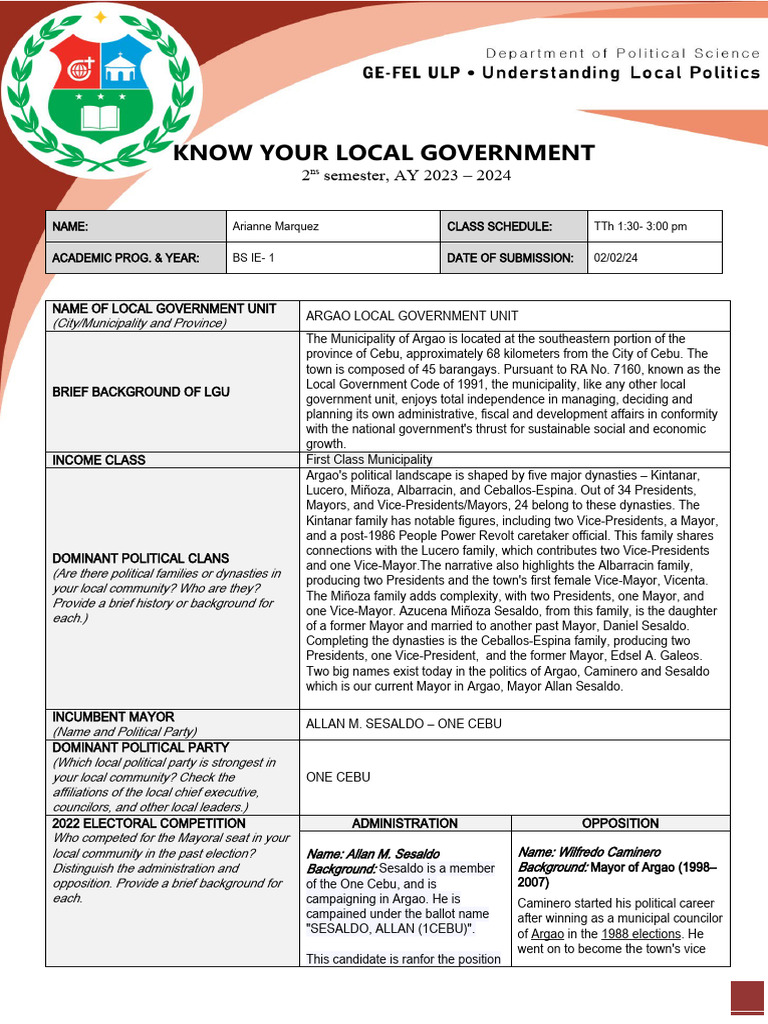 GE FEL ULP Know Your Local Government Worksheet | PDF | Mayor | Community