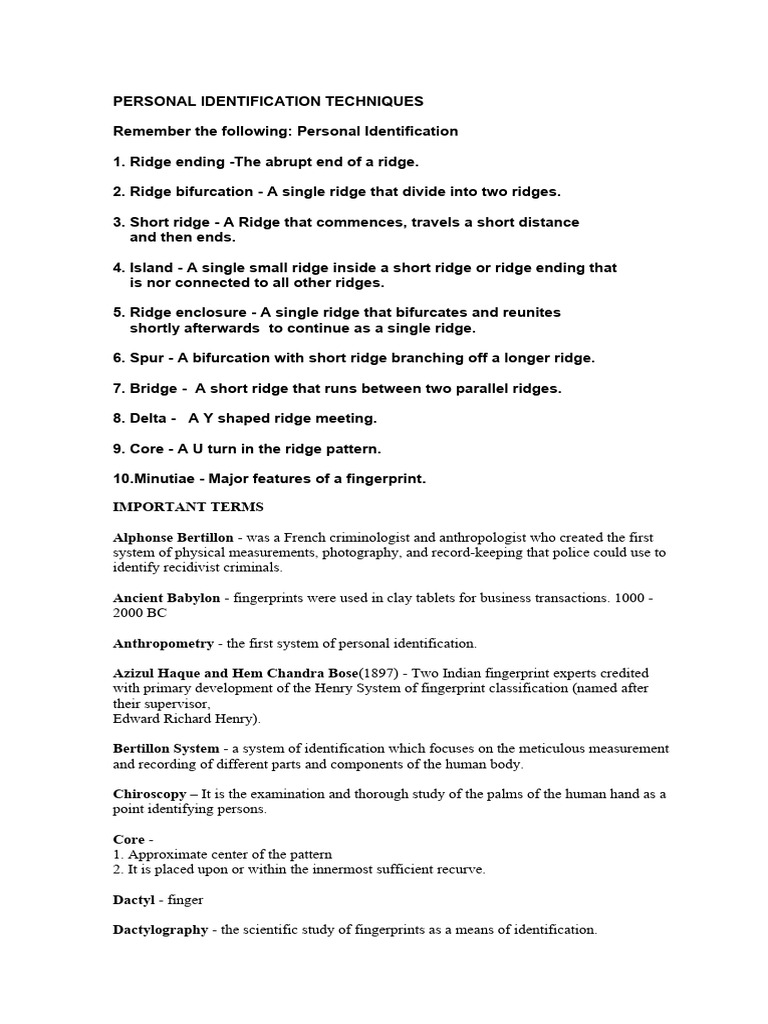 Personal Identification Techniques Notes | PDF | Fingerprint | Francis ...