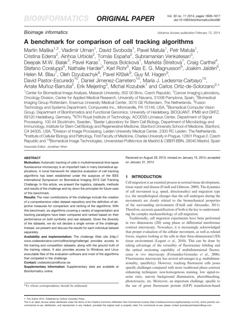 A Benchmark For Comparison of Cell Tracking Algorithms | PDF | Image Segmentation | Cluster Analysis