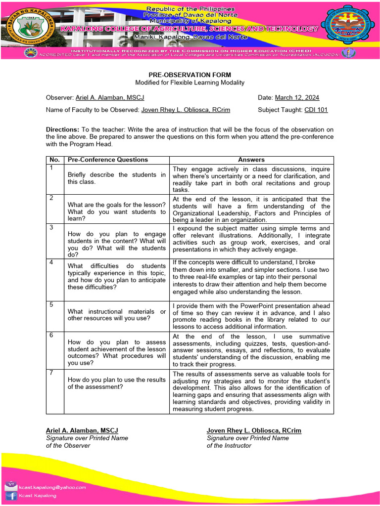 Pre Observation Conference Tool Cabanag | PDF | Educational Assessment ...