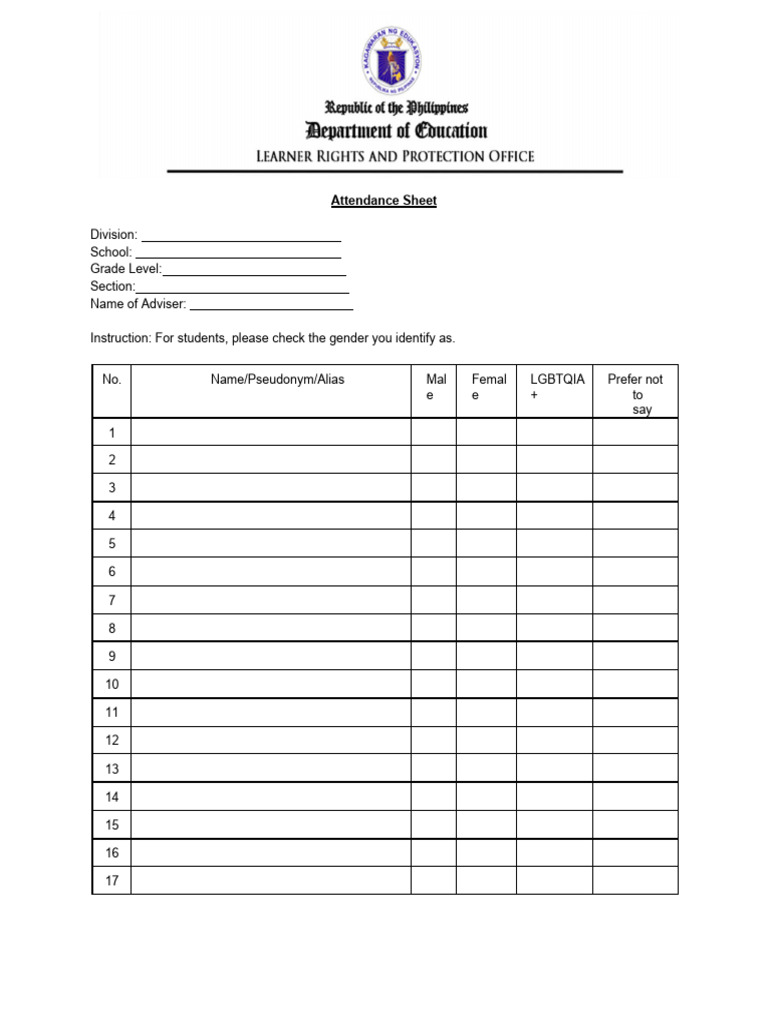 1. LRP- Attendance Sheet (Classroom-Level) | PDF