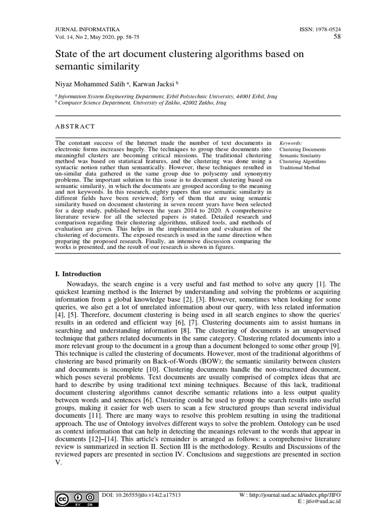 State Of The Art Document Clustering Algorithms Based On Semantic Similarity Pdf Cluster