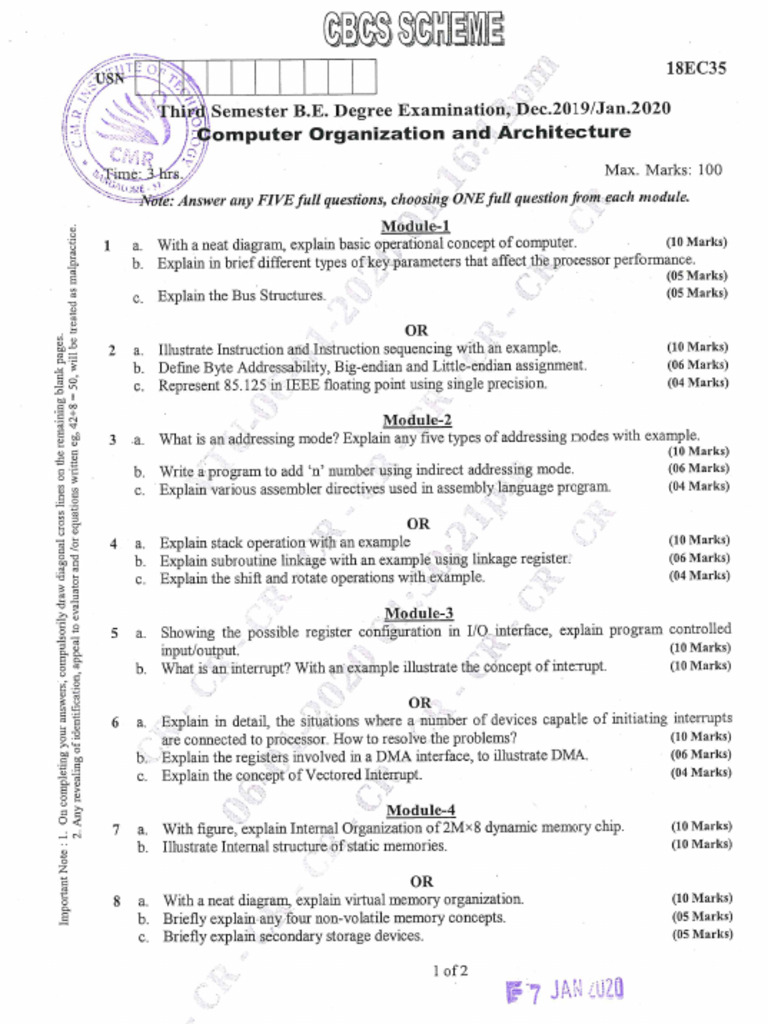 VTU Question Paper of 18EC35 Computer Organization and Architecture Dec ...