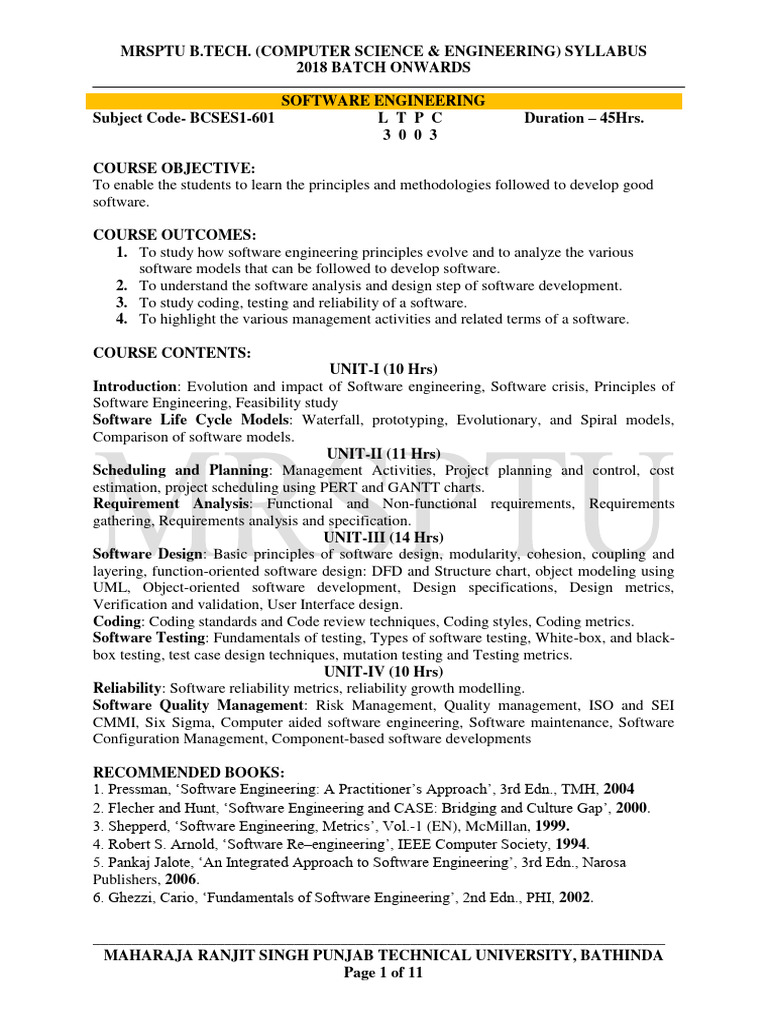 MRSPTU B.Tech. CSE 6th Sem Syllabus 2018 Batch Onwards | PDF