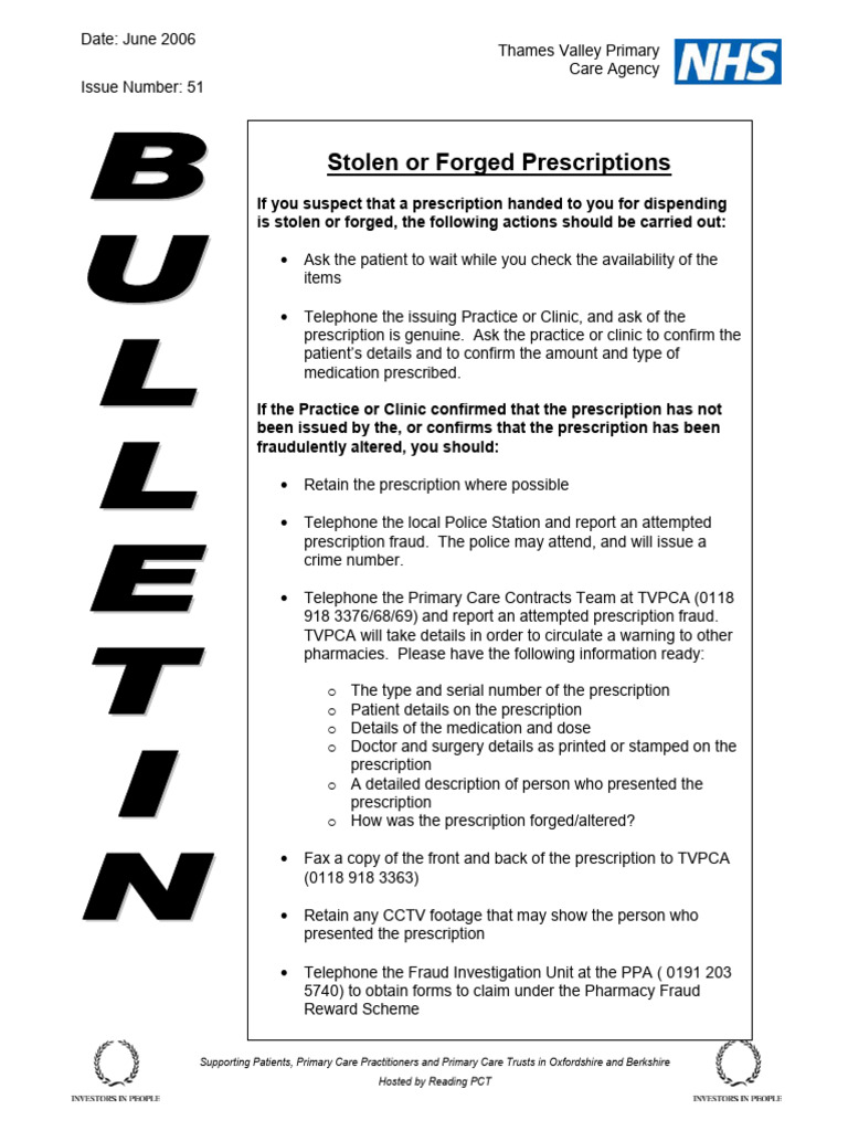 NHS Bulletin - Stolen or Forged Prescriptions | PDF | Medical ...