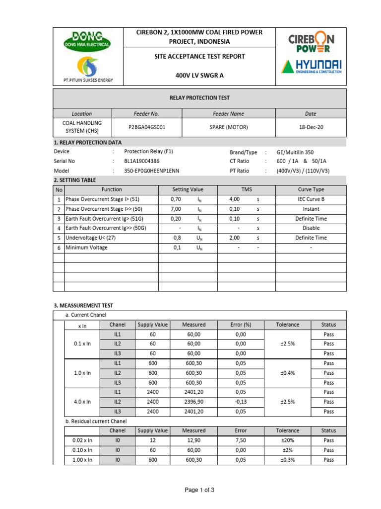 400V CHS LV SWGR A&B Relay Protection Test | PDF | Power Engineering ...