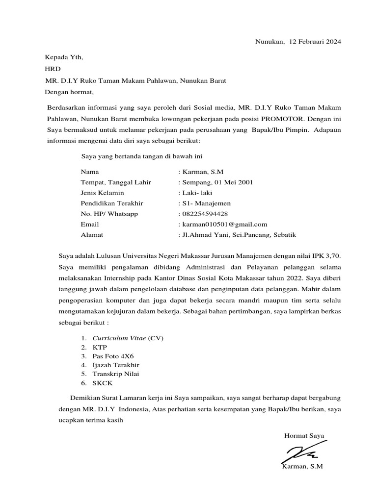 Surat Lamaran MR - Diy | PDF