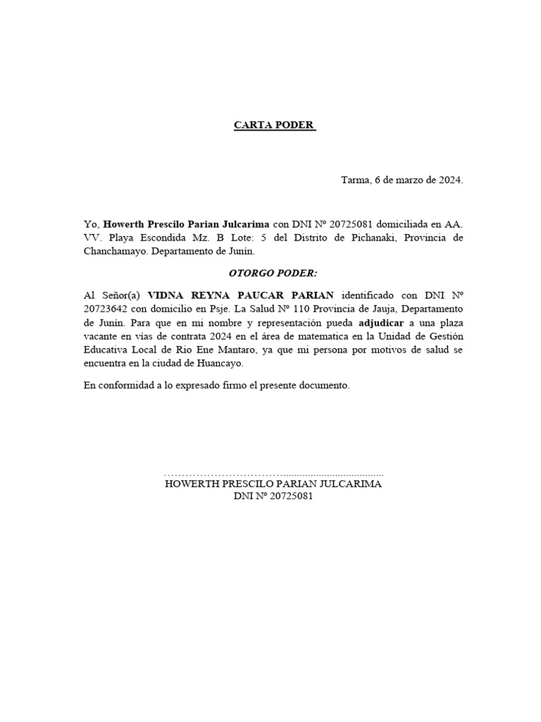 Carta Poder para Adjudicar Plaza Docente Vidna | PDF