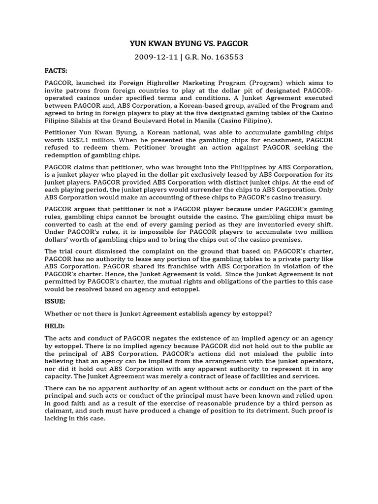 9.yun Kwan Byung vs. Pagcor | PDF | Law Of Agency | Civil Law (Legal System)