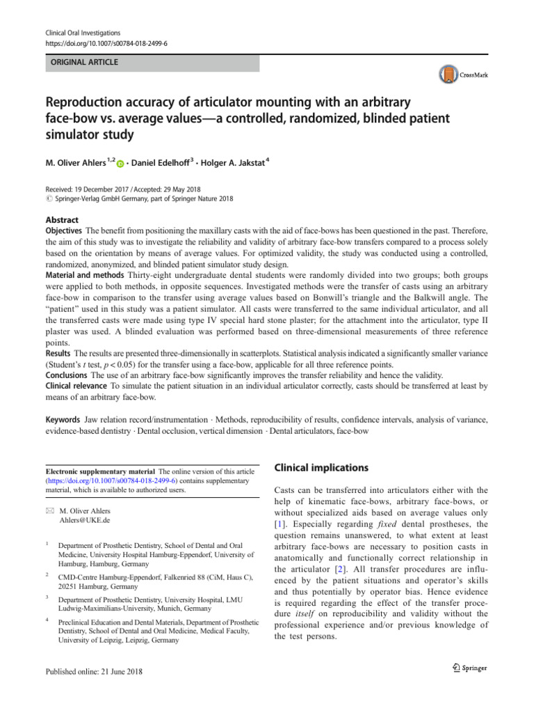 Reproduction Accuracy of Articulator Mounting With An Arbitrary | PDF