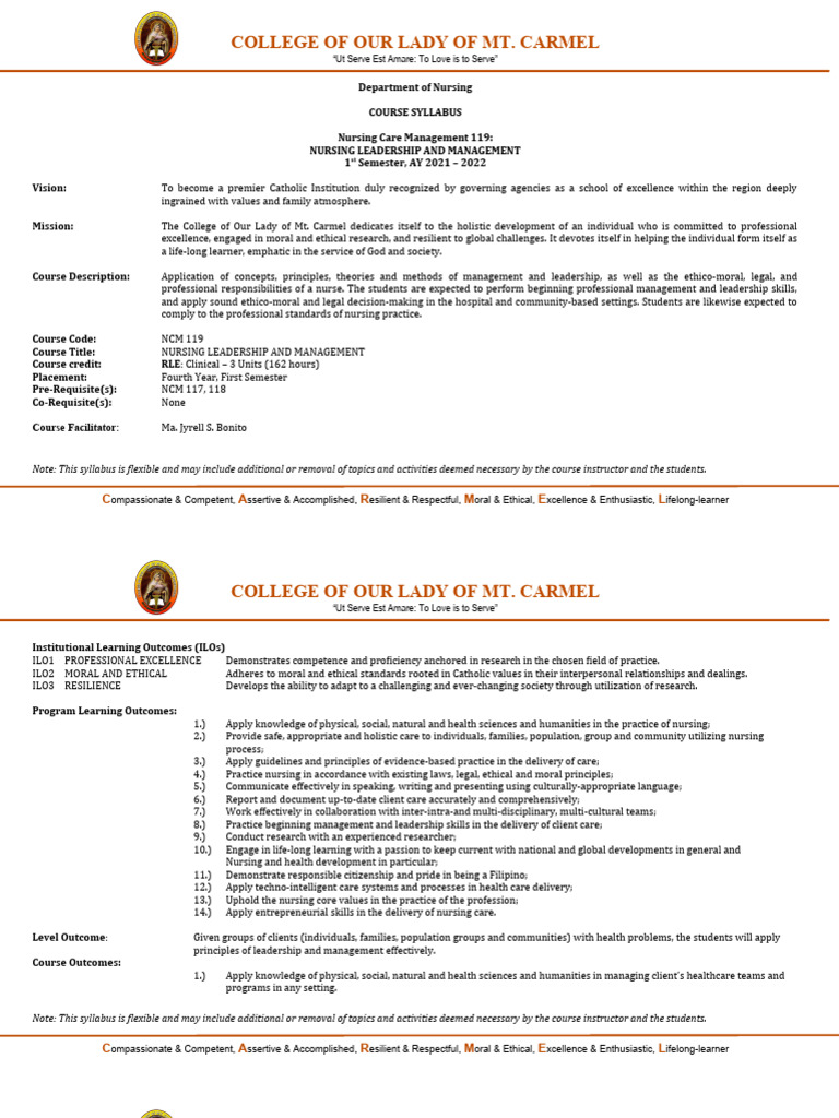 NCM 119 Course Syllabus Nursing Leadership & MGT RLE S1 21-22 | PDF
