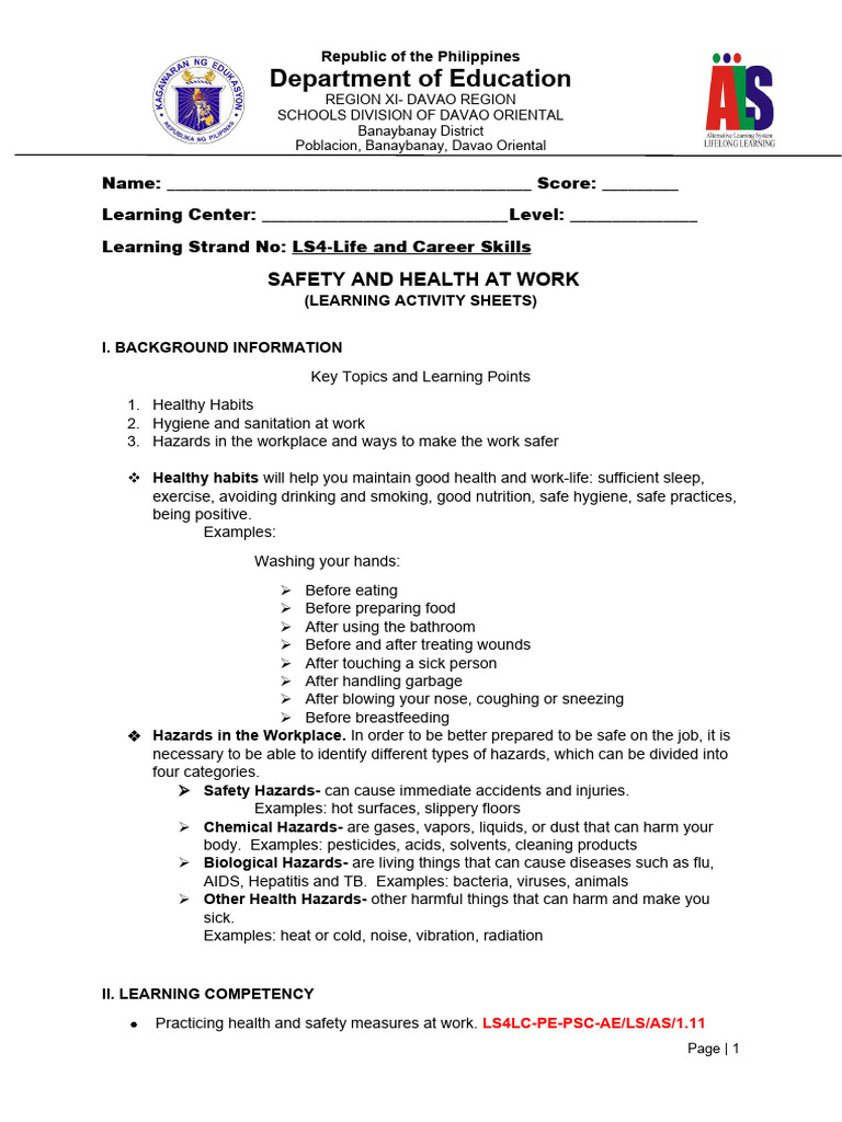 LS4 Health and Safety Measures at Work | PDF | Hygiene | Hazards