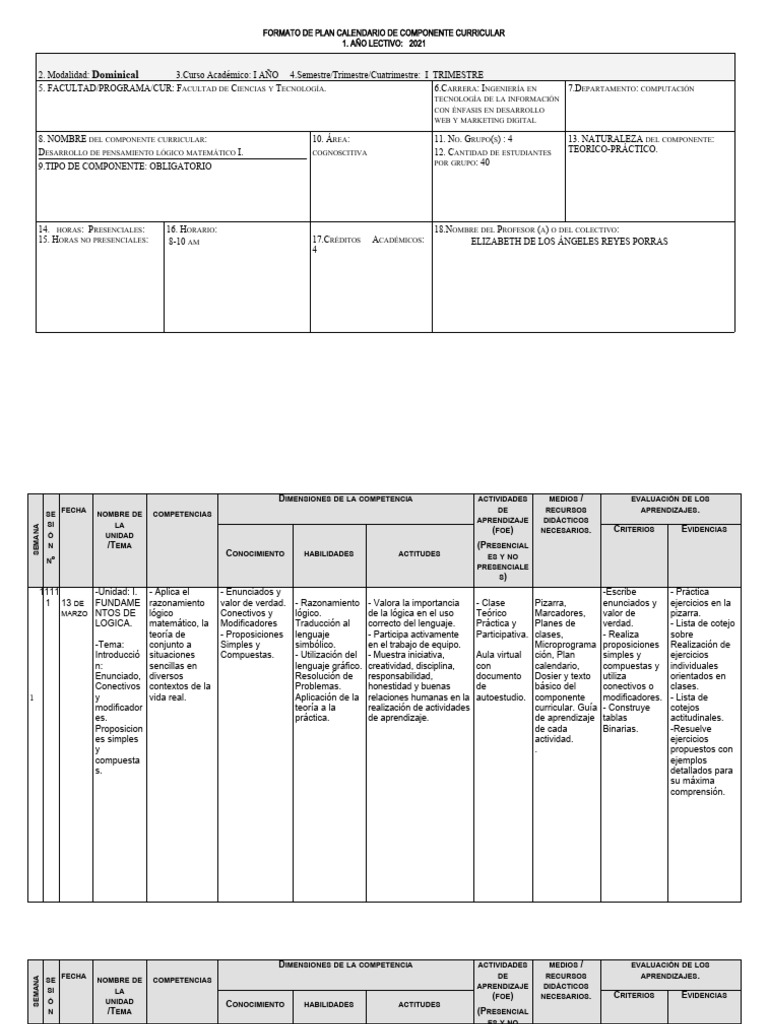 Plan Calendario 2021 Del Desarrollo Del Pensamiento Logico Matematico I | PDF | Evaluación ...