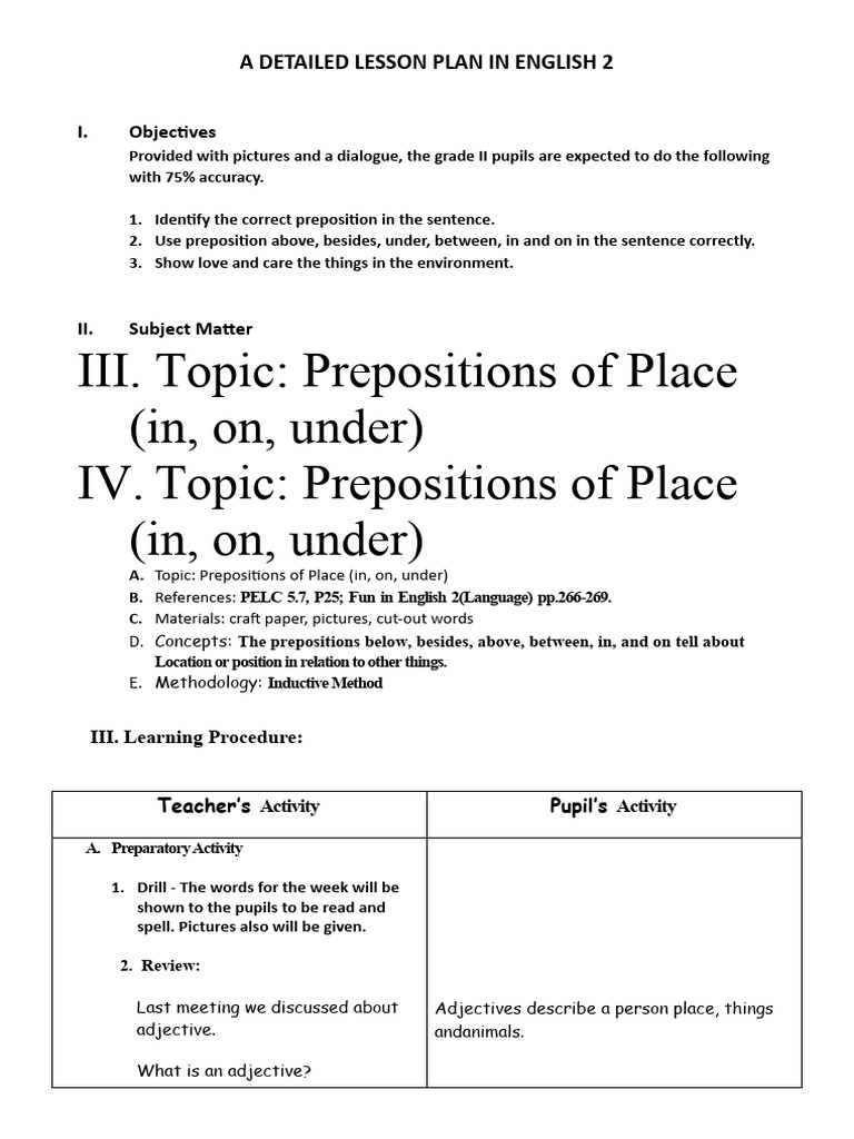Grade II Lesson Plan: Prepositions of Place | PDF | Lesson Plan ...