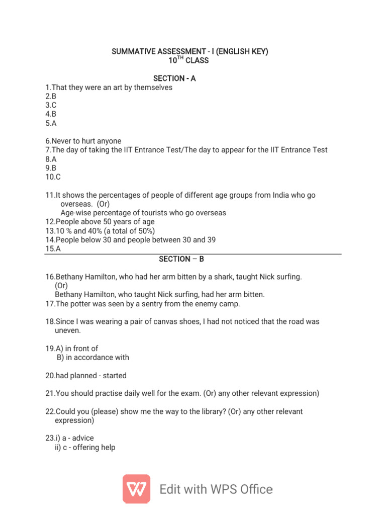 10th Class Eng SA 1 Key Paper | PDF