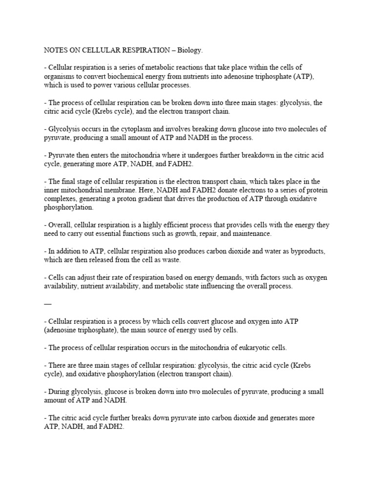 NOTES ON CELLULAR RESPIRATION | PDF | Cellular Respiration | Adenosine ...
