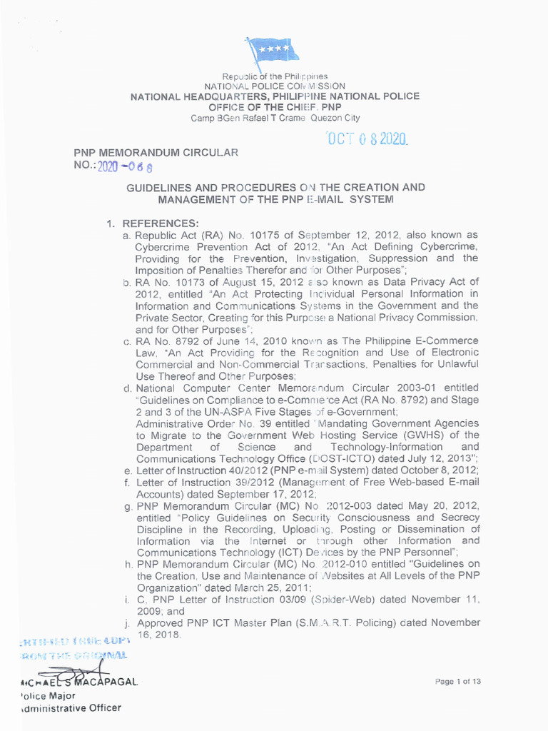 PNP Memorandum Circular No 2020 068 | PDF