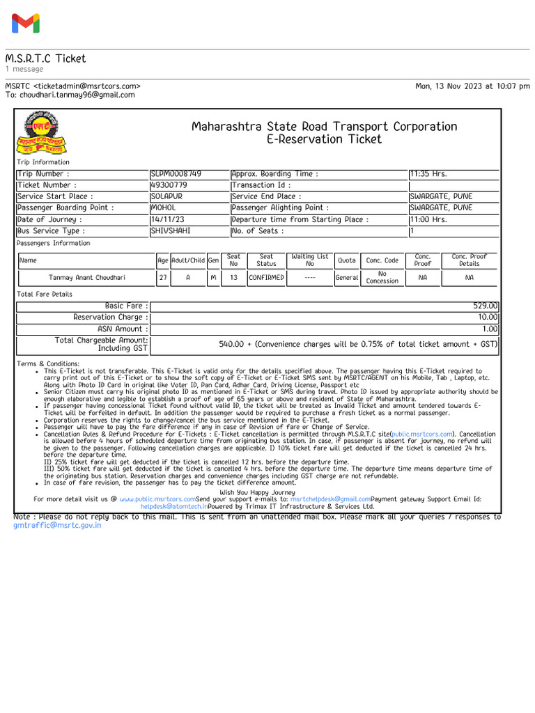 Gmail - M.S.R.T.C Ticket | PDF | Identity Document | Public Transport